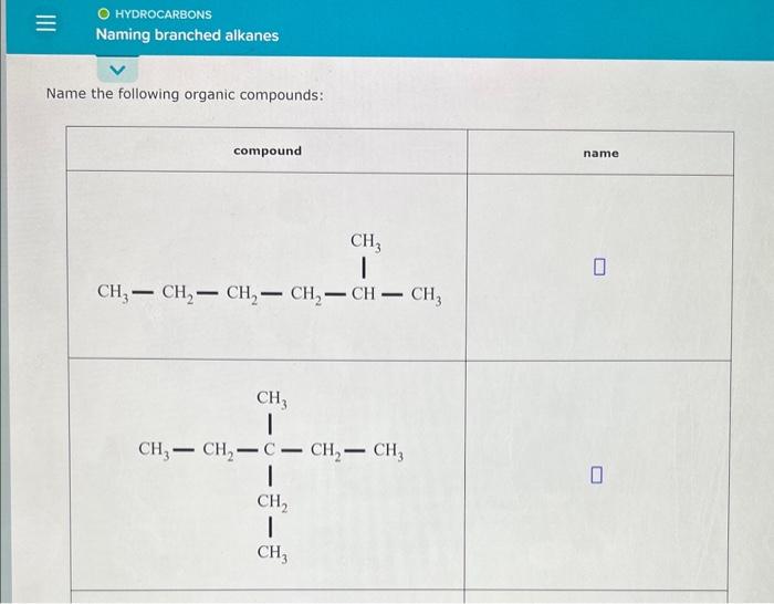 Solved Name the following organic compounds: HYDROCARBONS | Chegg.com