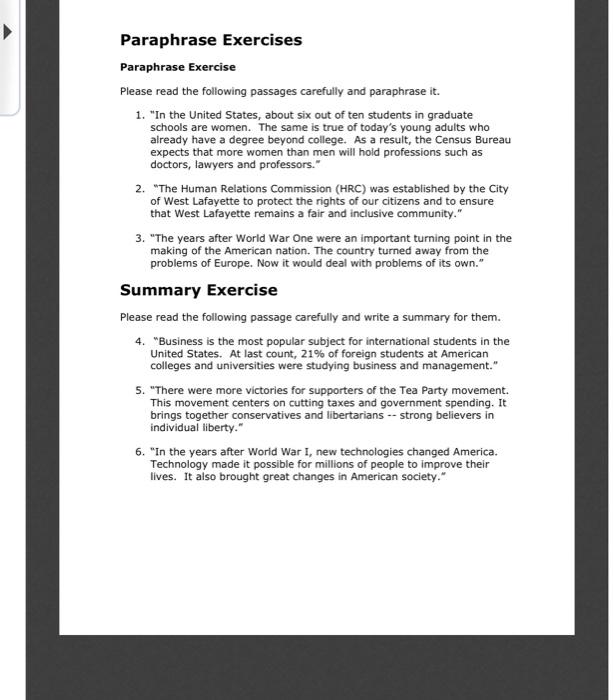 Solved Paraphrase Exercises Paraphrase Exercise Please read | Chegg.com