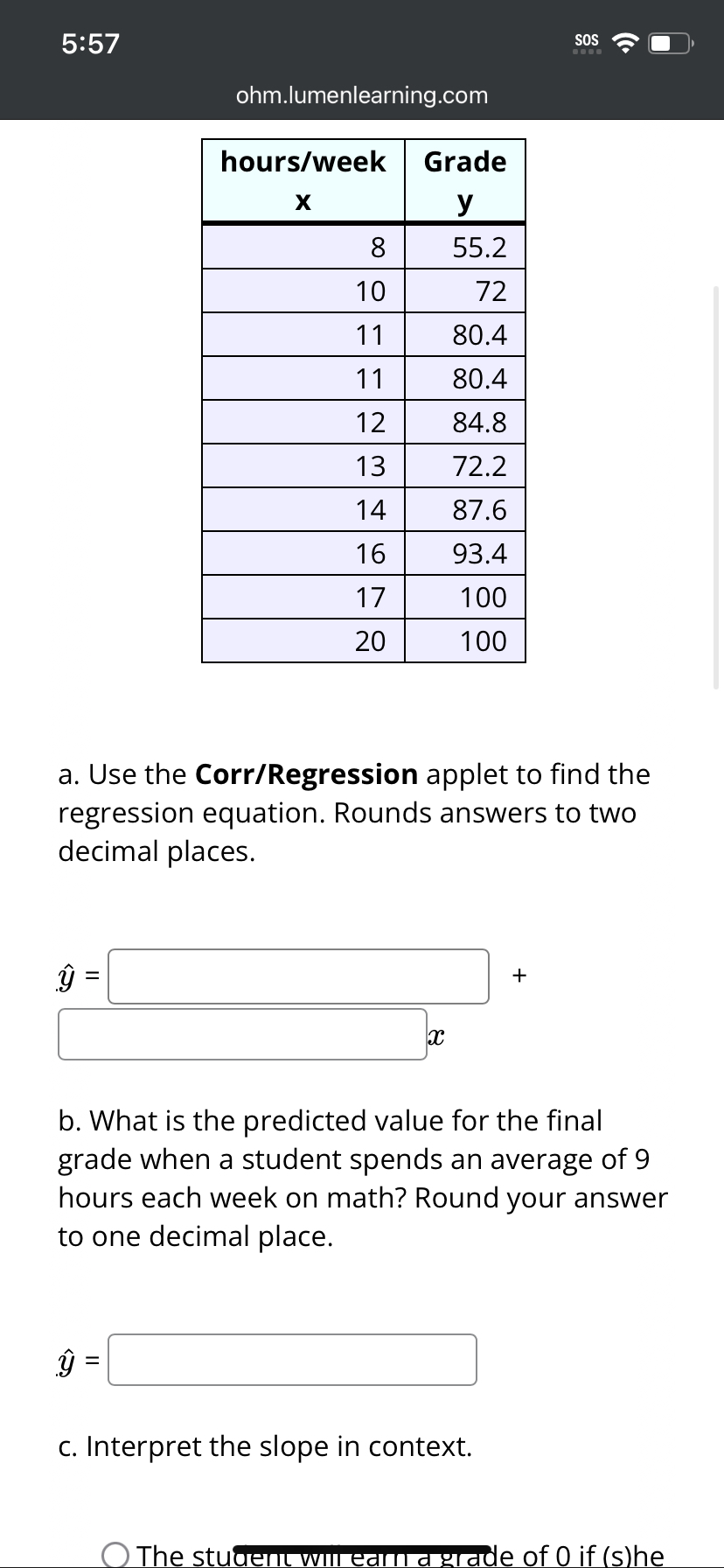Solved 5:57SOSohm.lumenlearning.com\table[[\table[[hours/wee | Chegg.com