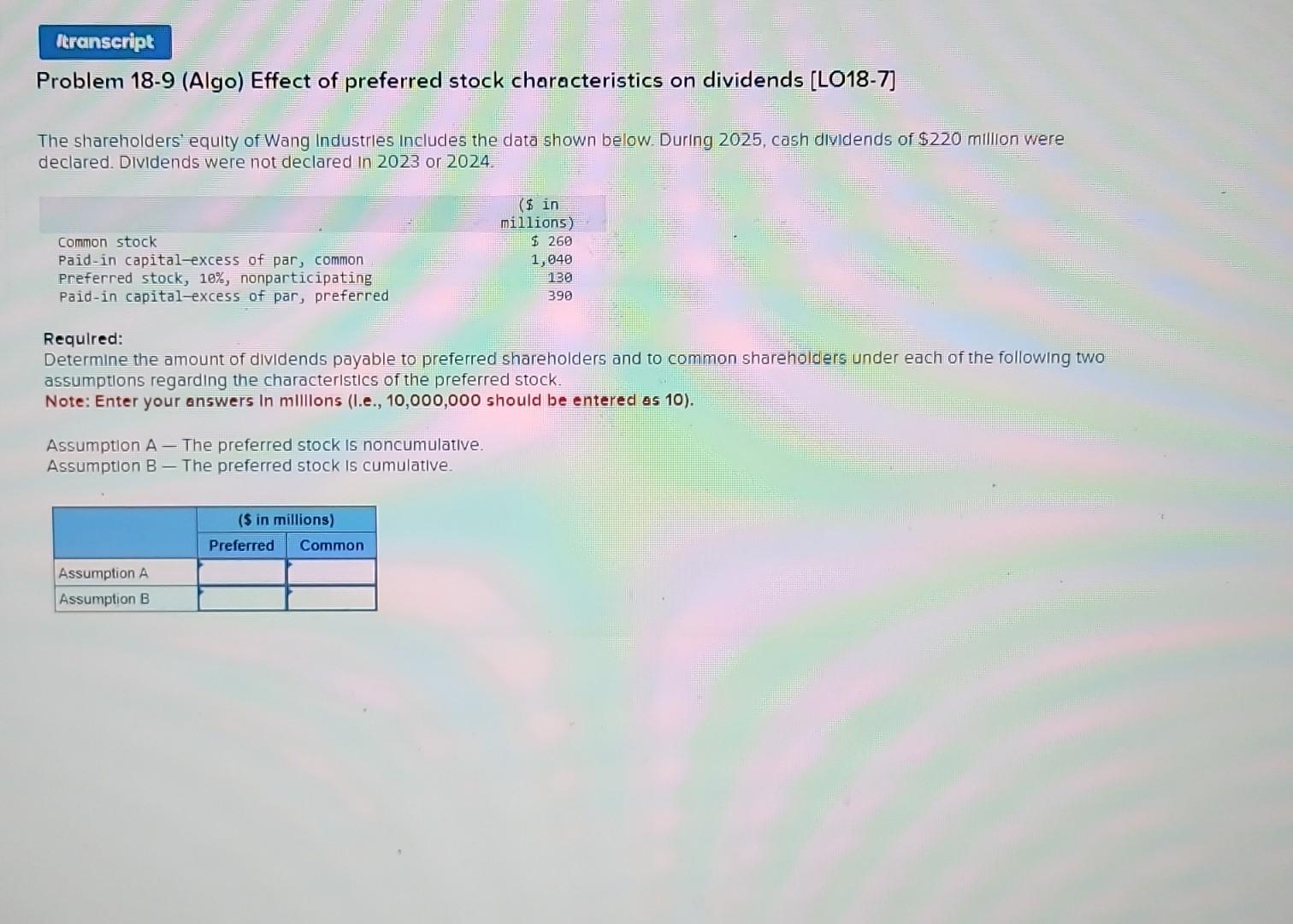 Solved Problem 18-9 (Algo) Effect of preferred stock | Chegg.com
