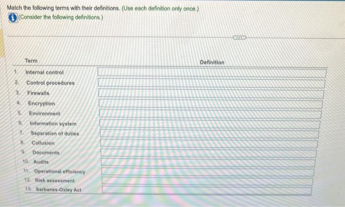 Solved Match the following terms with their definitions. | Chegg.com