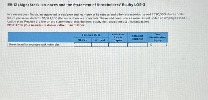 Solved E5-12 (Algo) Stock Issuances and the Statement of | Chegg.com