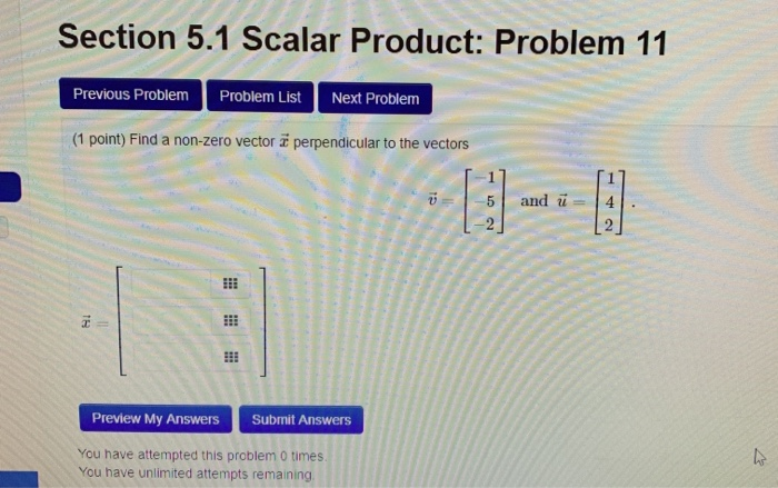 Solved Section 5.1 Scalar Product: Problem 11 Previous | Chegg.com