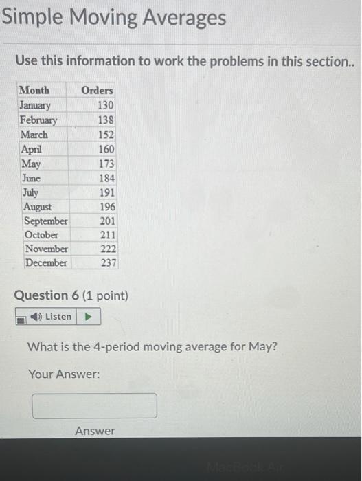 Solved Simple Moving Averages Use this information to work | Chegg.com
