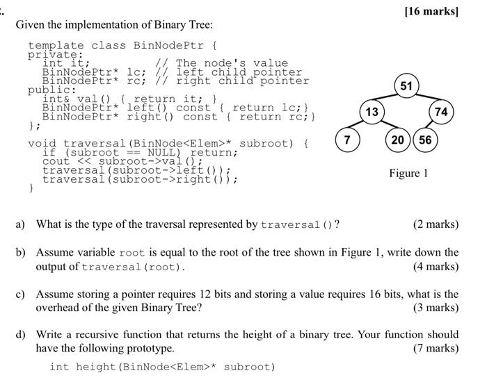 Solved [16 marks) Given the implementation of Binary Tree: | Chegg.com