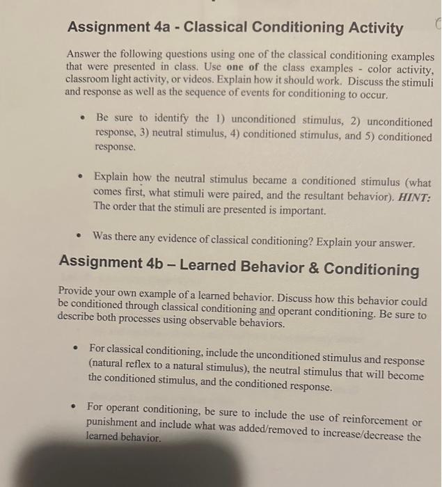 Solved Assignment 4a - Classical Conditioning Activity | Chegg.com