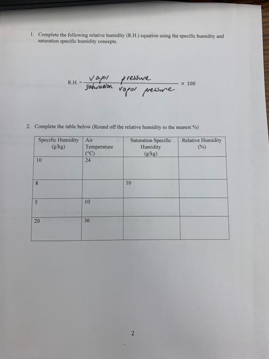 Solved 1. Complete the following relative humidity (R.H.) | Chegg.com