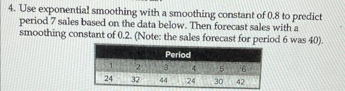 Solved 4. Use exponential smoothing with a smoothing | Chegg.com