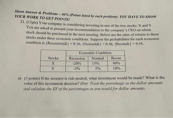 Solved Short Answer \& Problems - 40\% (Points listed by | Chegg.com