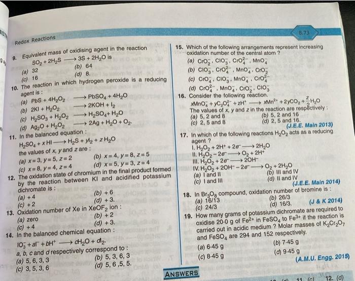 Solved Redox Reactions 9 Equivalent Mass Of Oxidising Agent