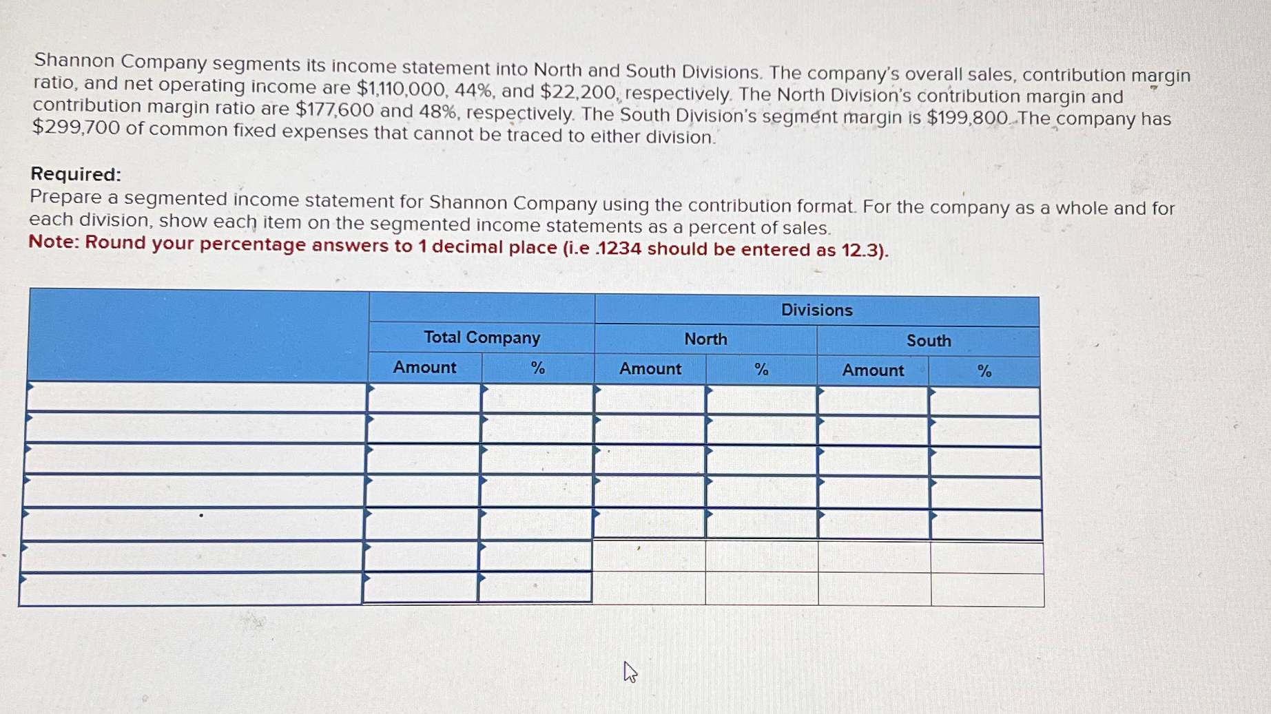 Shannon Company segments its income statement into | Chegg.com