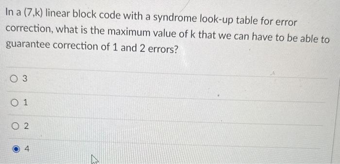 Solved In a (7,k) linear block code with a syndrome look-up | Chegg.com