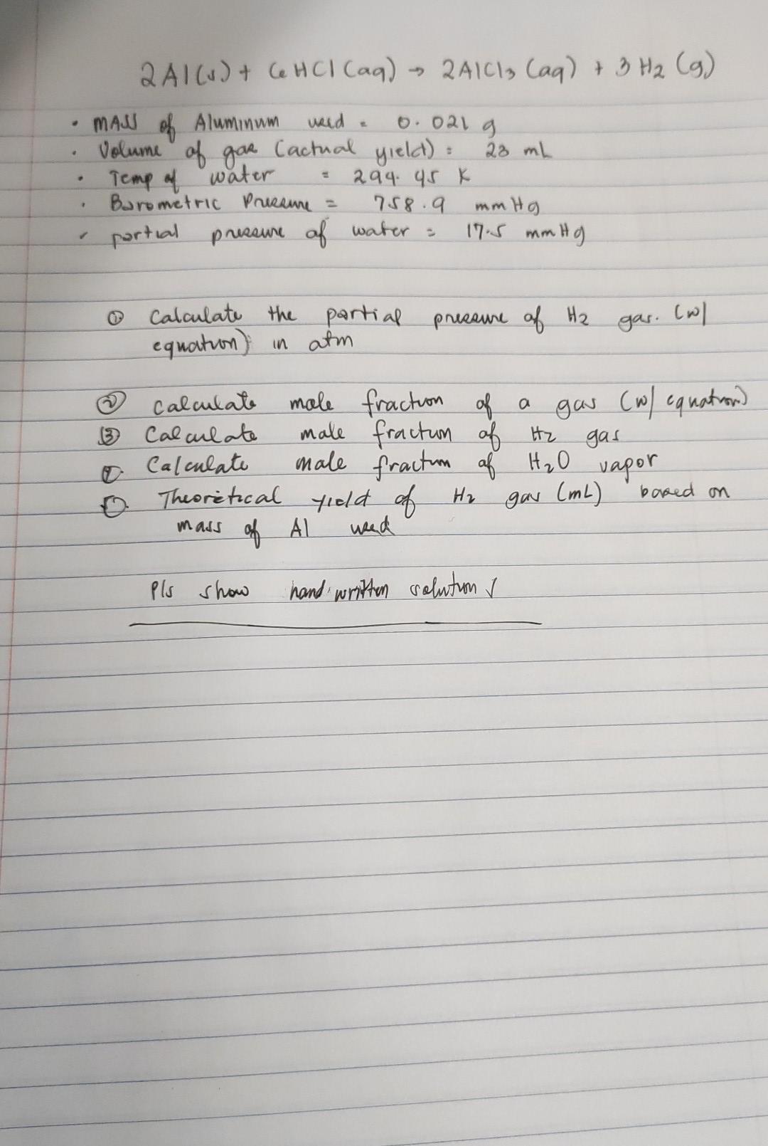 2Al(s)+6HCl(aq)→2AlCl3(aq)+3H2(g) - MAss of Aluminum | Chegg.com