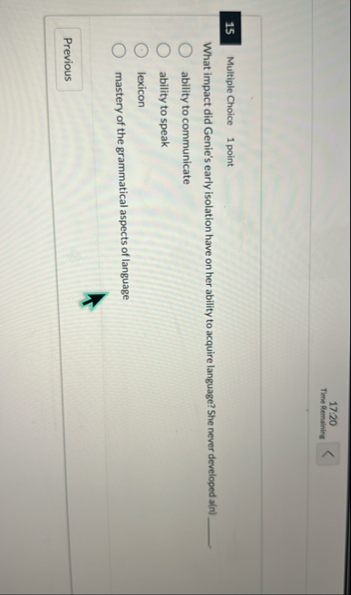 Solved 17:20Time Remaining Multiple Choice 1 ﻿pointWhat | Chegg.com
