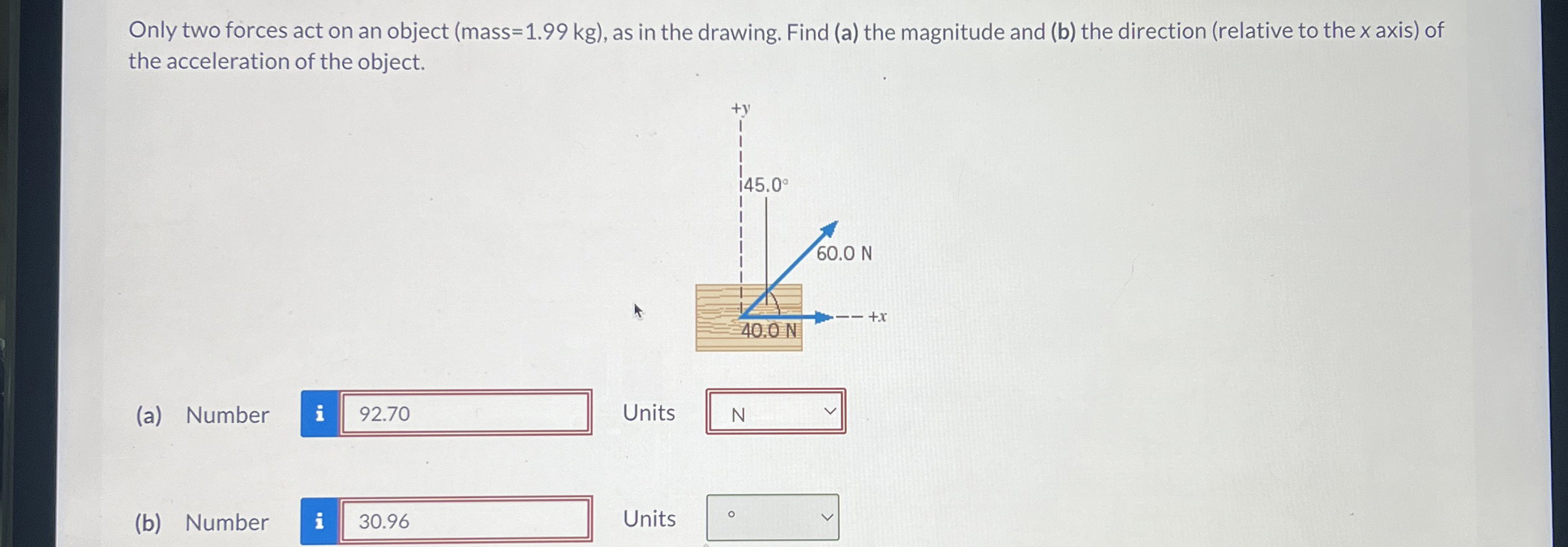 Solved Only two forces act on an object (mass =1.99kg ), ﻿as | Chegg.com