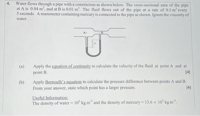 Solved 4. Water flows through a pipe with a constriction as | Chegg.com