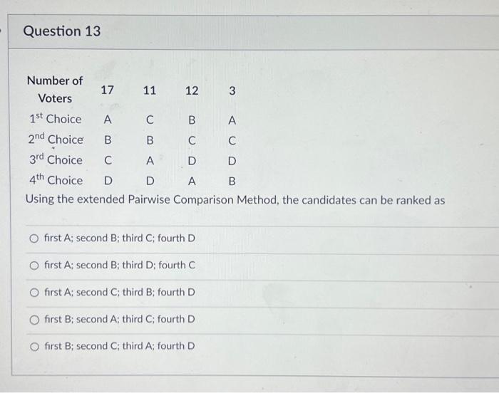 Solved Question 13 Using the extended Pairwise Comparison | Chegg.com