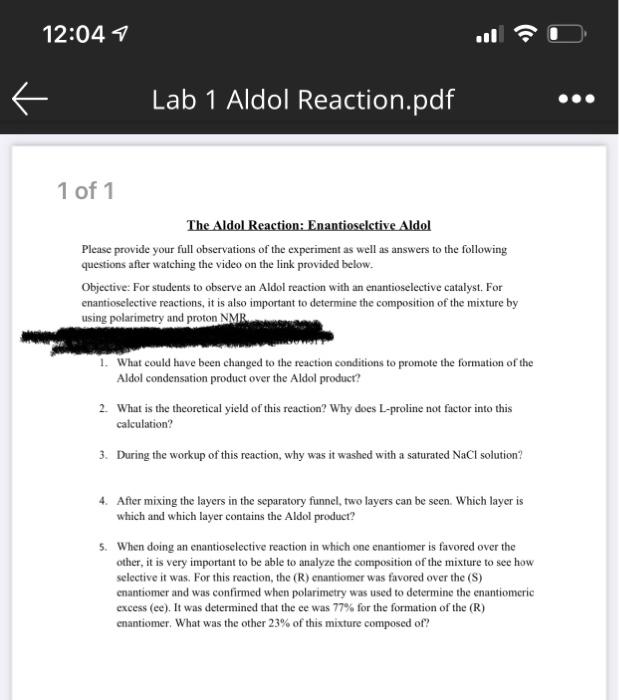 12:041 Lab 1 Aldol Reaction.pdf 1 of 1 The Aldol | Chegg.com
