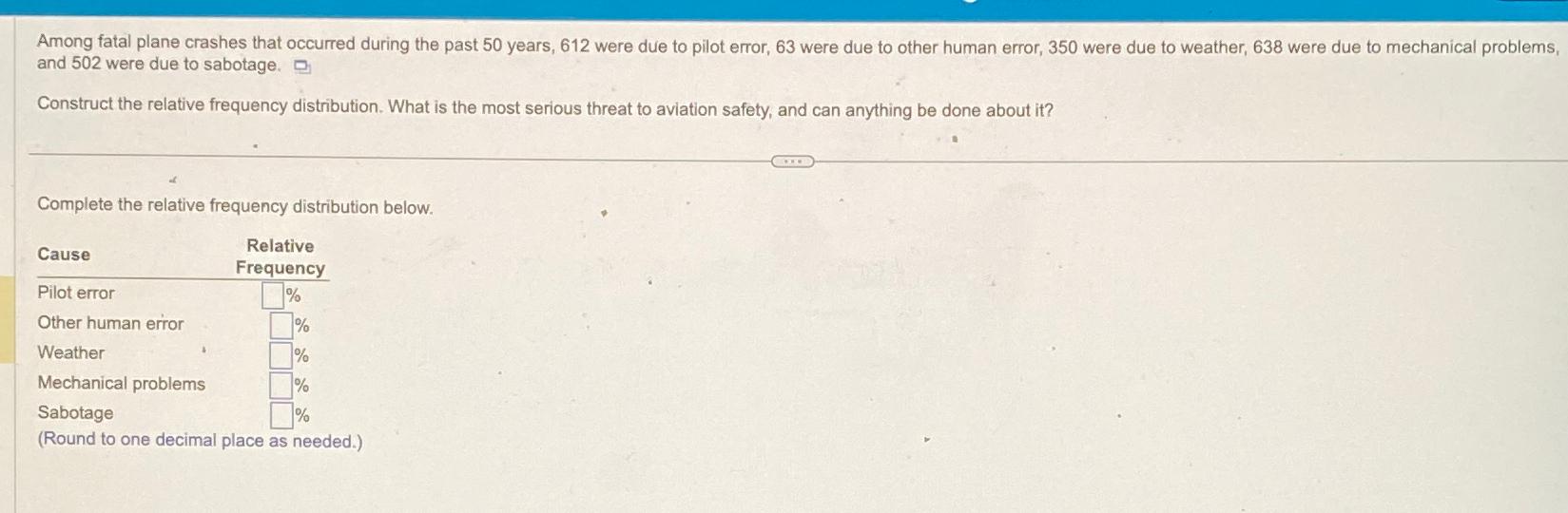 Solved Among fatal plane crashes that occurred during the | Chegg.com