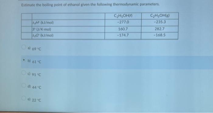 Solved Estimate the boiling point of ethanol given the | Chegg.com