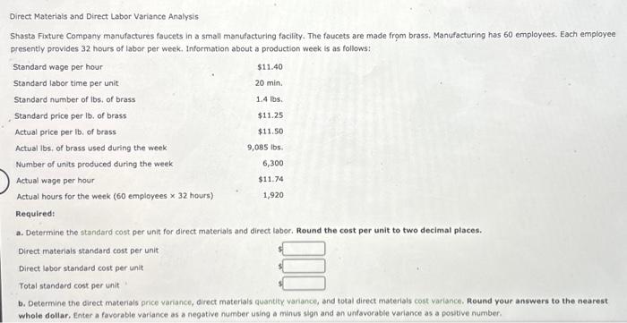 Solved Direct Materials and Direct Labor Variance Analysis | Chegg.com