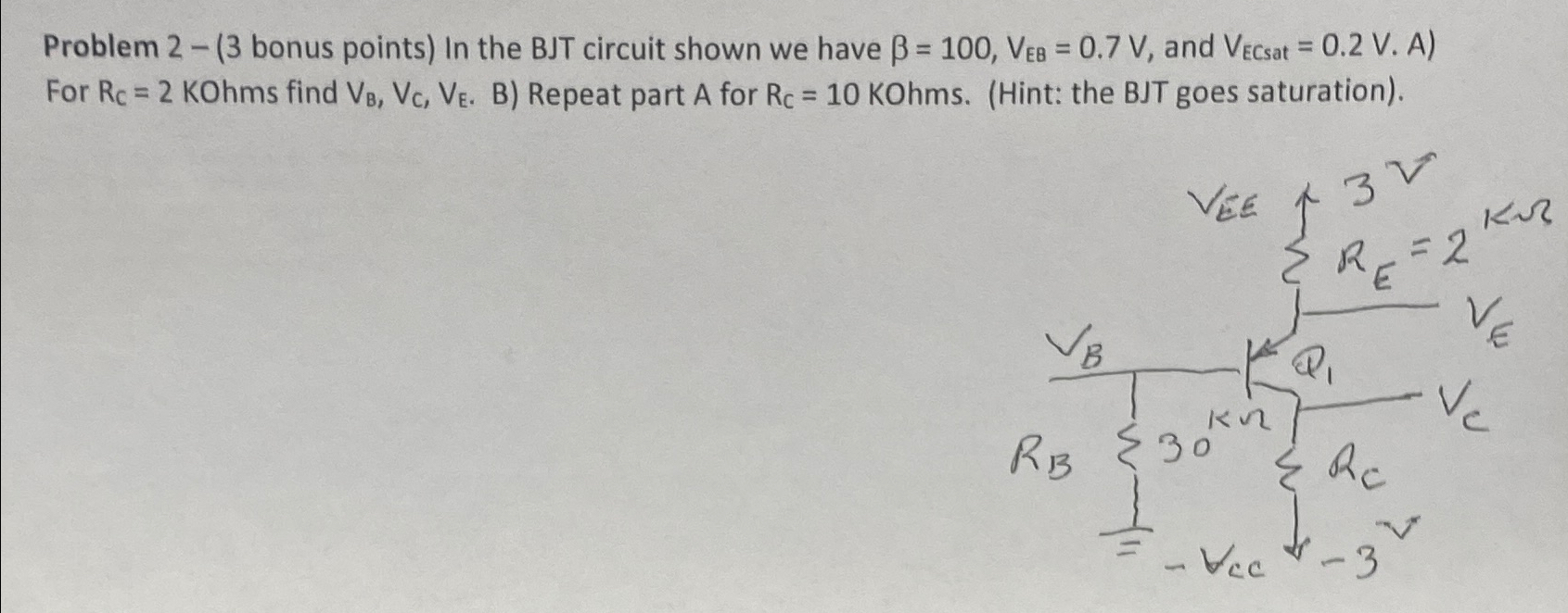 Solved Problem 2- ( 3 ﻿bonus points) ﻿In the BJT circuit | Chegg.com