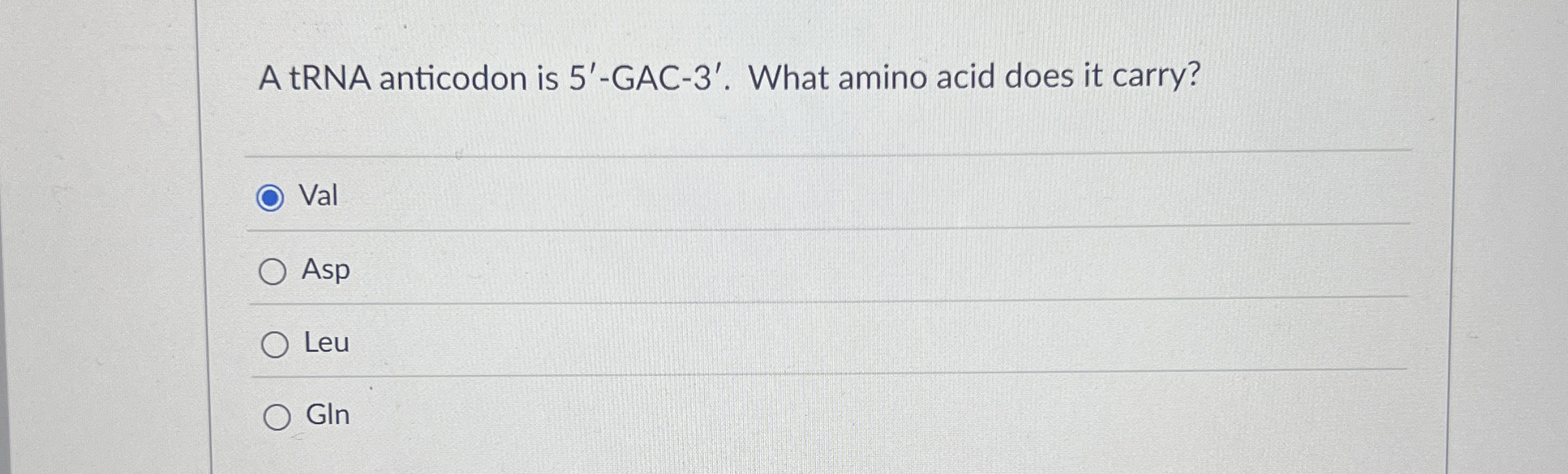 Solved A tRNA anticodon is 5'-GAC-3'. ﻿What amino acid does | Chegg.com