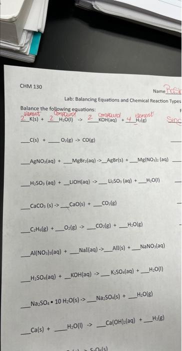 Solved Lab: Balancing Equations and Chemical Reaction Type | Chegg.com