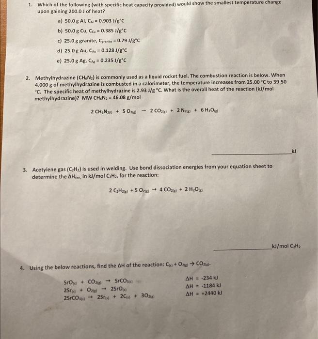 Solved 1. Which of the following (with specific heat | Chegg.com
