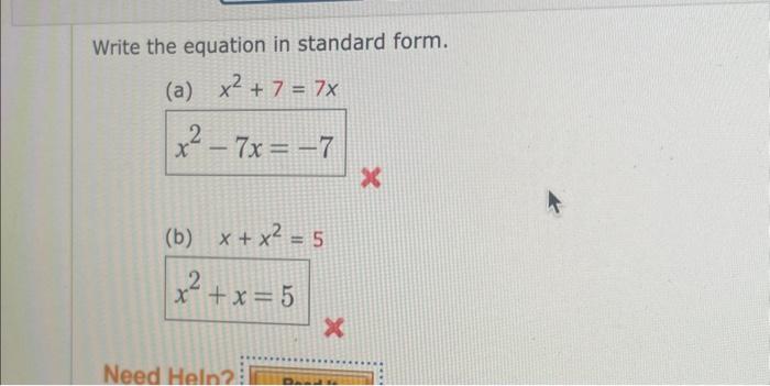 Solved Write the equation in standard form. (a) x2+7=7x | Chegg.com