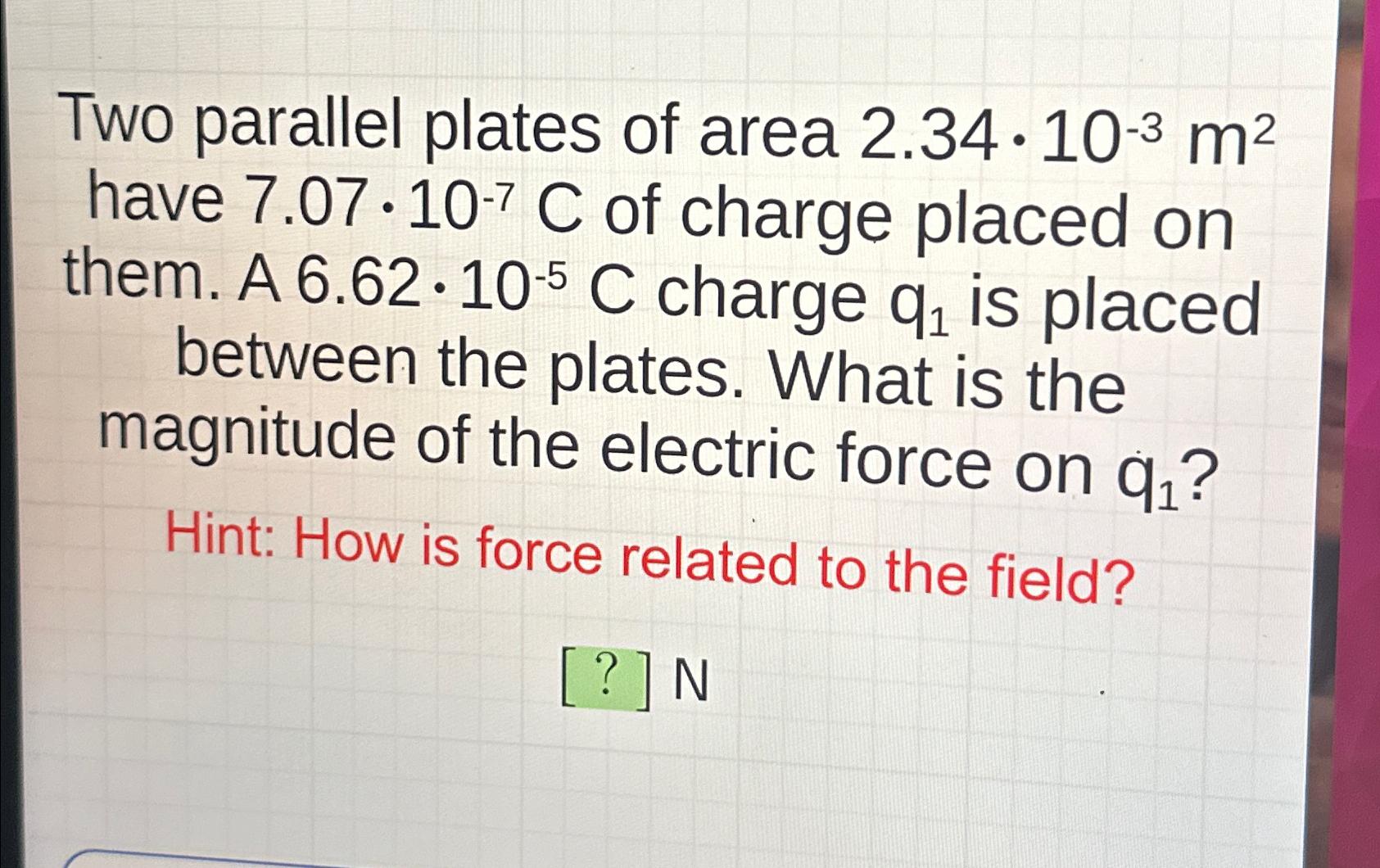 Solved Two parallel plates of area 2.34*10-3m2 ﻿have | Chegg.com
