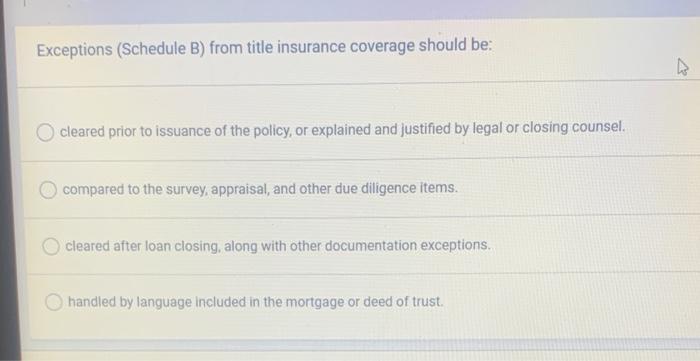 Solved Exceptions (Schedule B) from title insurance coverage | Chegg.com