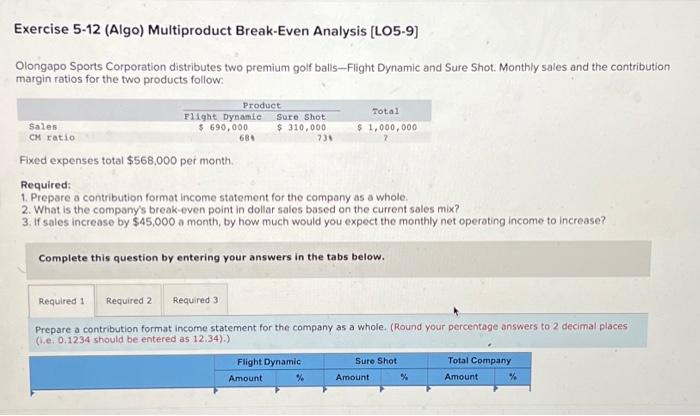 Solved Exercise 5-12 (Algo) Multiproduct Break-Even Analysis | Chegg.com