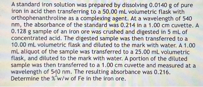 Solved A standard iron solution was prepared by dissolving | Chegg.com