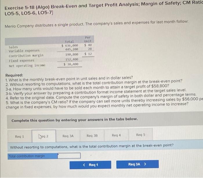 Solved Exercise 5-18 (Algo) Break-Even and Target Profit | Chegg.com