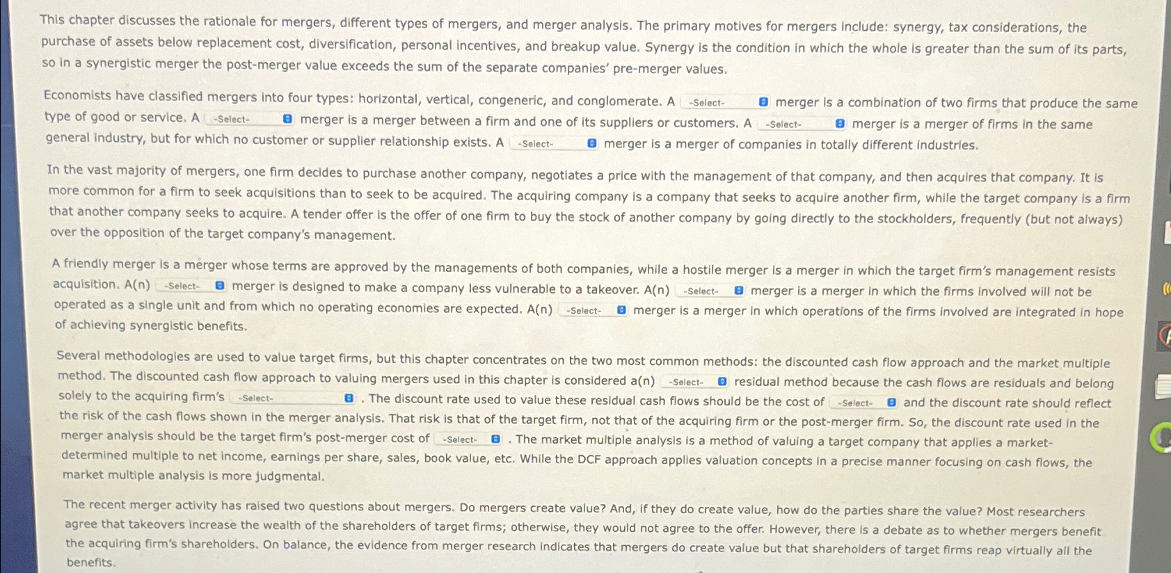 Solved This chapter discusses the rationale for mergers, | Chegg.com