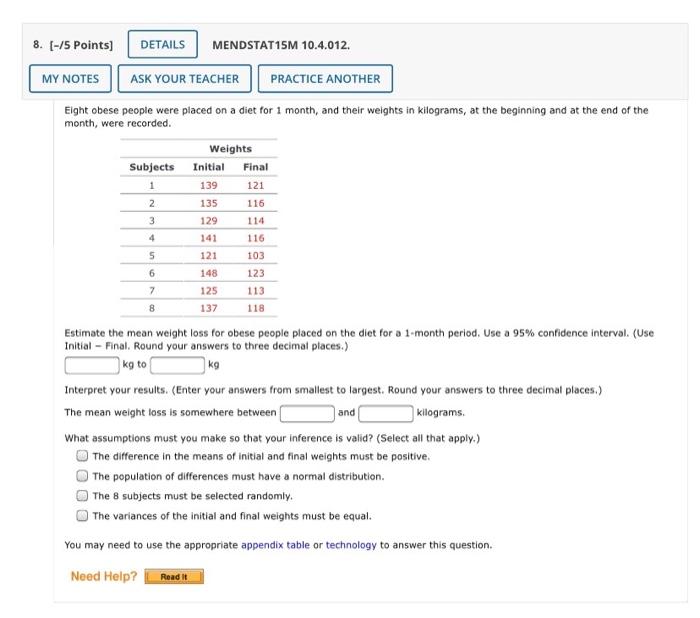 Solved 8. (-/5 Points) DETAILS MENDSTAT15M 10.4.012. MY | Chegg.com