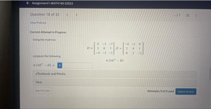 Solved Current Attempt in Progress Using the matrices | Chegg.com