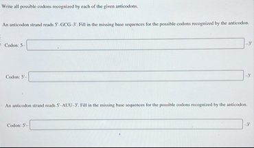 Solved Write all possible codons reoognined by each of the | Chegg.com