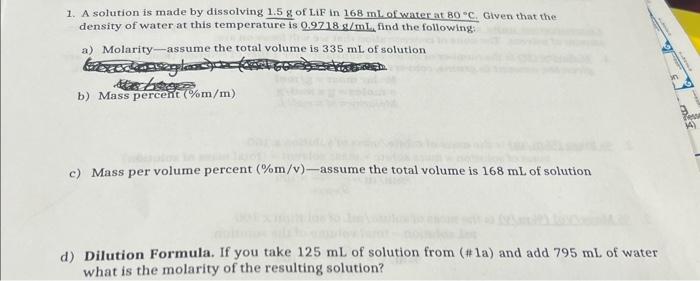 Solved Find the Molarity, mass percent,mass per volume and | Chegg.com
