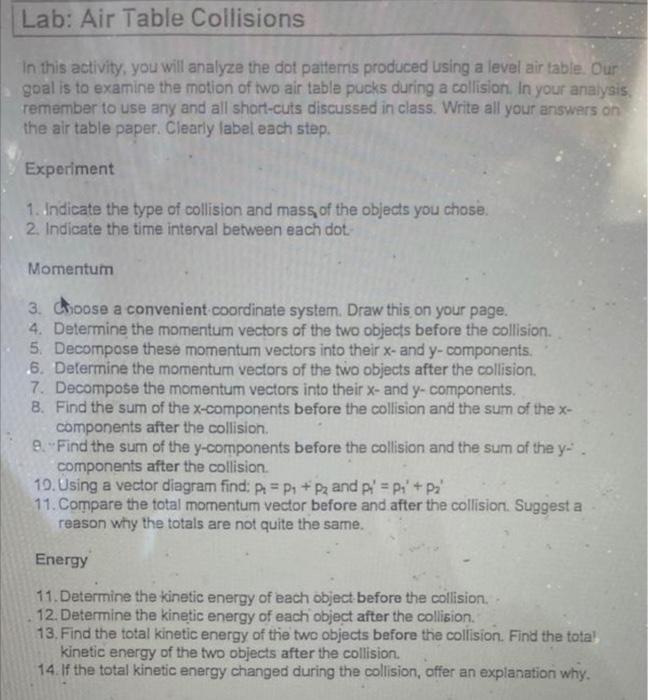 Lab: Air Table Collisions In this activity, you will | Chegg.com