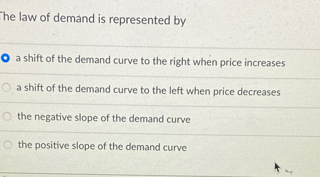 Solved The law of demand is represented bya shift of the | Chegg.com