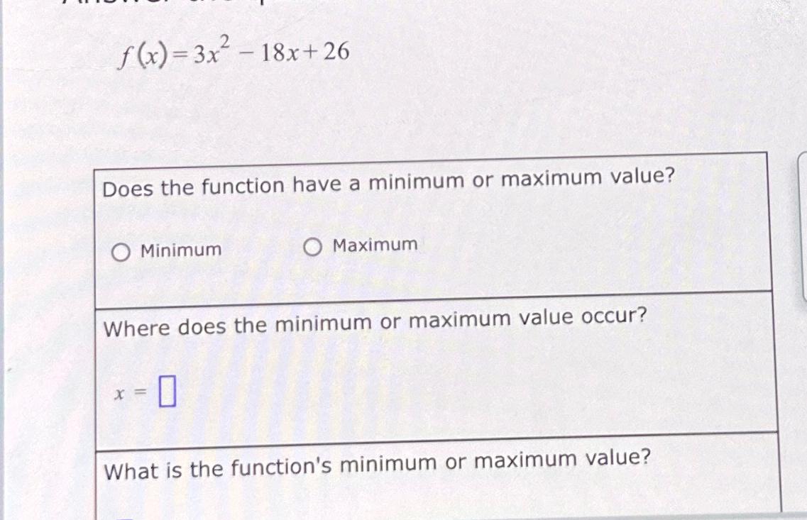 Solved f(x)=3x2-18x+26Does the function have a minimum or | Chegg.com
