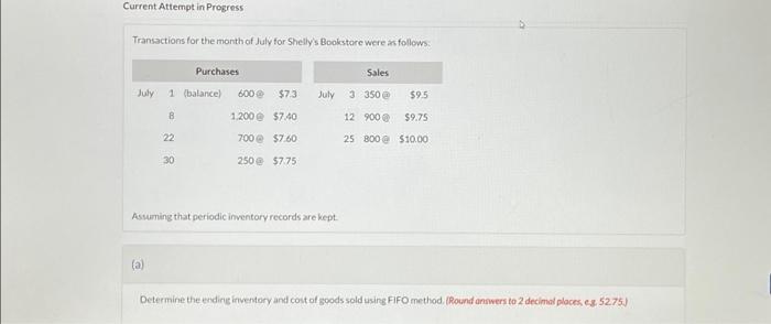 Solved Current Attempt in Progress Transactions for the | Chegg.com