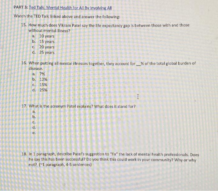 Solved PART 3: Ted Talk: Mental Health for All By Involving | Chegg.com