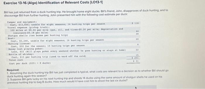 Solved Exercise 13-16 (Algo) Identification of Relevant | Chegg.com