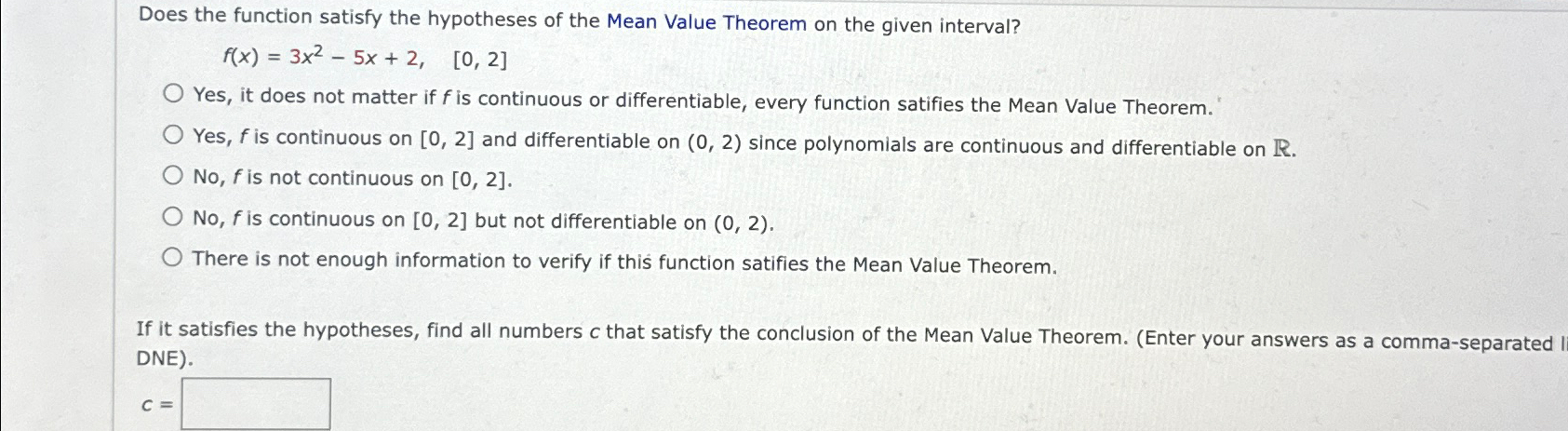 Solved Does the function satisfy the hypotheses of the Mean | Chegg.com