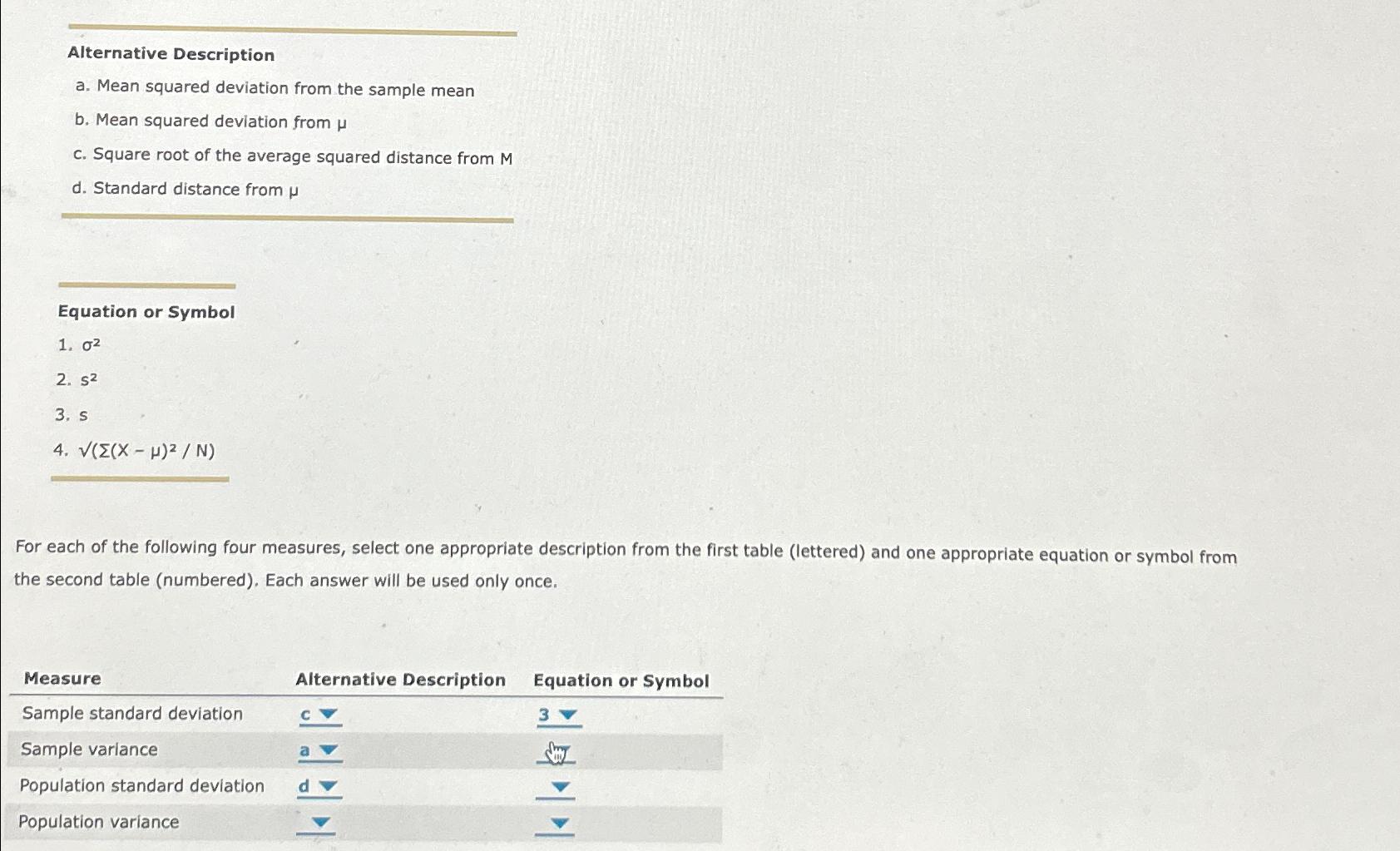 Solved Alternative Descriptiona. ﻿Mean squared deviation | Chegg.com