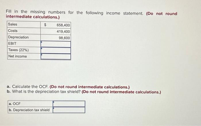 Solved Fill in the missing numbers for the following income | Chegg.com
