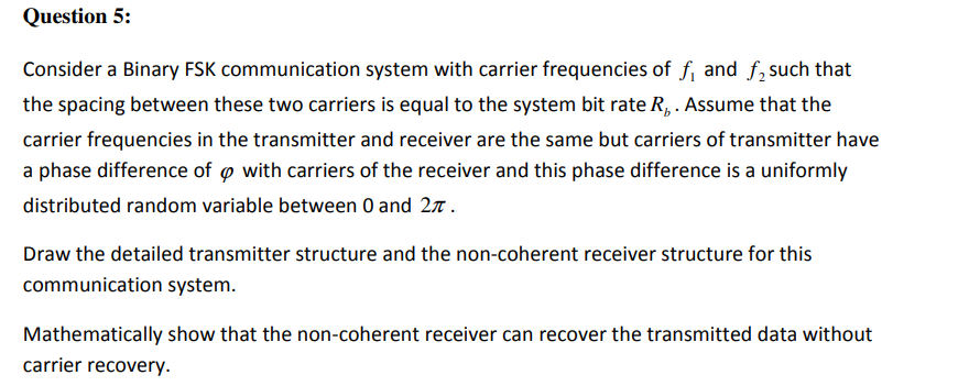 Solved Question 5:Consider a Binary FSK communication system | Chegg.com
